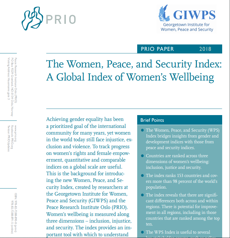 New PRIO Paper on the Women, Peace and Security Index – PRIO Centre on Gender, Peace and Security